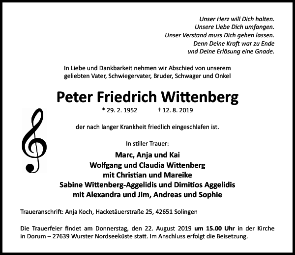 Peter Friedrich Wittenberg: Traueranzeige : Westdeutsche Zeitung