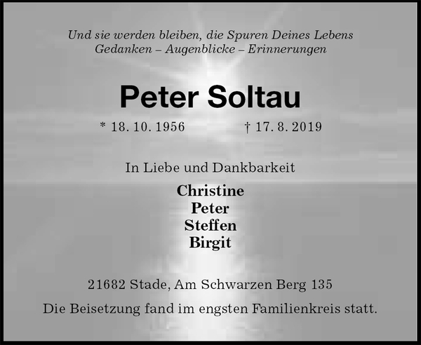 Peter Soltau : Traueranzeige : Stader Tageblatt