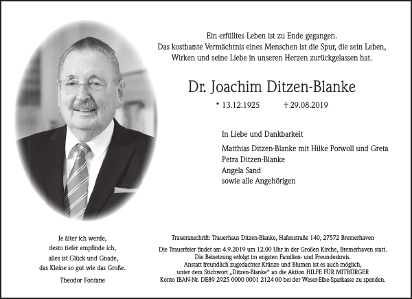 Dr.Joachim Ditzen-Blanke: Gedenken : Nordsee-Zeitung