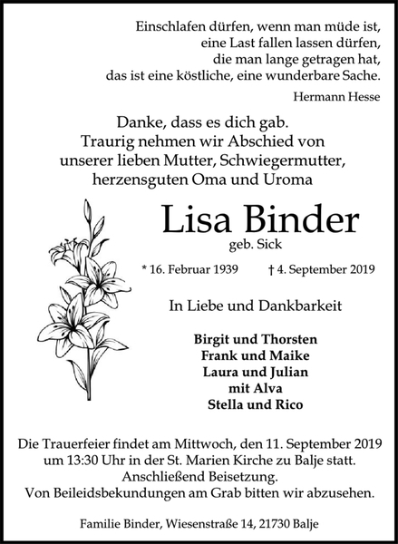 Lisa Binder: Traueranzeige : Stader Tageblatt