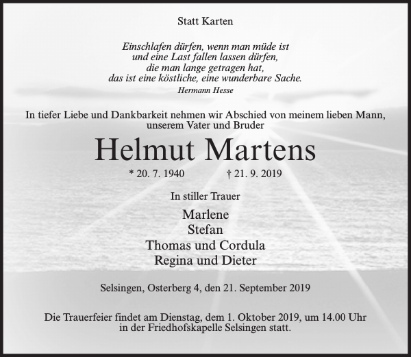Helmut Martens: Traueranzeige : Bremervörder Zeitung