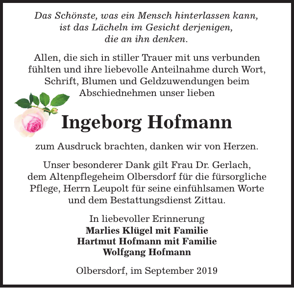Ingeborg Hofmann : Danksagung : Sächsische Zeitung