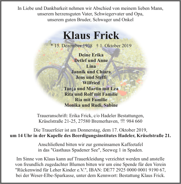 Klaus Frick: Gedenken : Nordsee-Zeitung