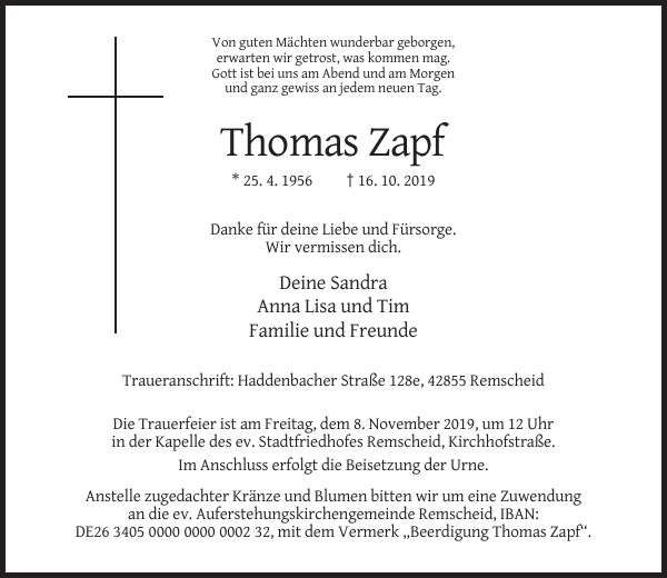 Thomas Zapf : Traueranzeige : Remscheider General-Anzeiger