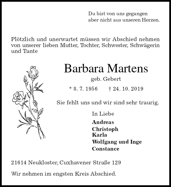 Barbara Martens: Traueranzeige : Stader Tageblatt