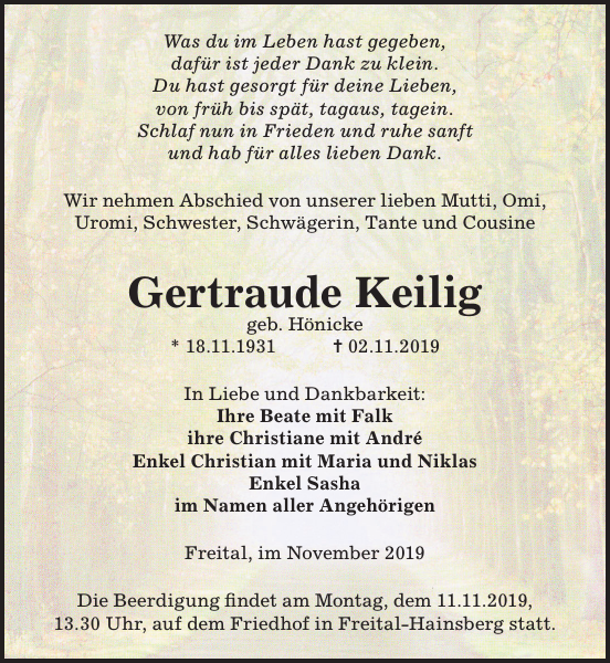 Gertraude Keilig : Traueranzeige : Sächsische Zeitung