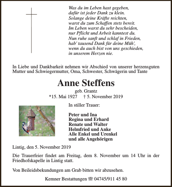 Anne Steffens: Gedenken : Nordsee-Zeitung