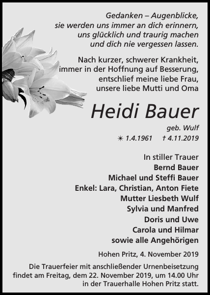 Heidi Bauer : Traueranzeige : Anzeiger für Sternberg - Brüel - Warin
