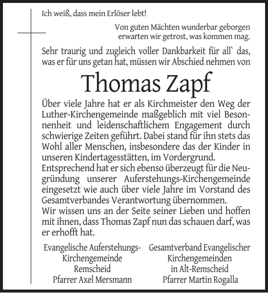 Thomas Zapf: Traueranzeige : Remscheider General-Anzeiger