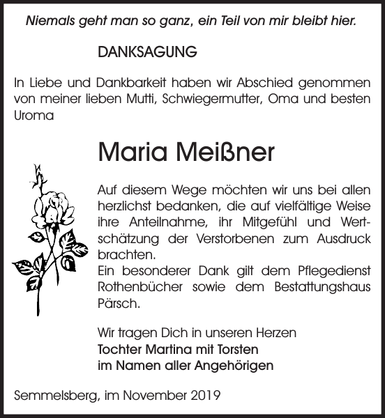 Maria Meißner : Danksagung : Sächsische Zeitung