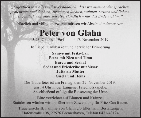 Peter von Glahn: Gedenken : Nordsee-Zeitung