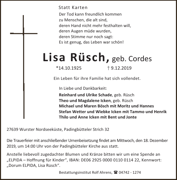 Lisa Rüsch, geb. Cordes: Gedenken : Nordsee-Zeitung
