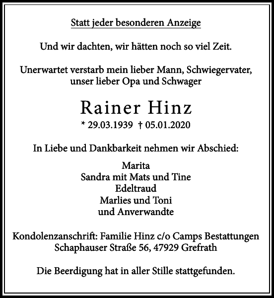 Rainer Hinz: Traueranzeige : Westdeutsche Zeitung