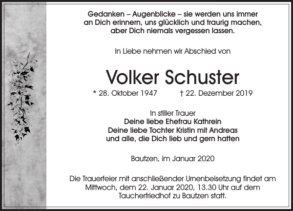 Volker Schuster : Traueranzeige : Sächsische Zeitung