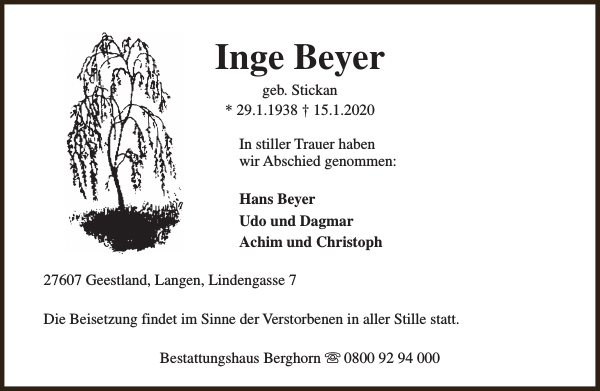 Inge Beyer: Gedenken : Nordsee-Zeitung