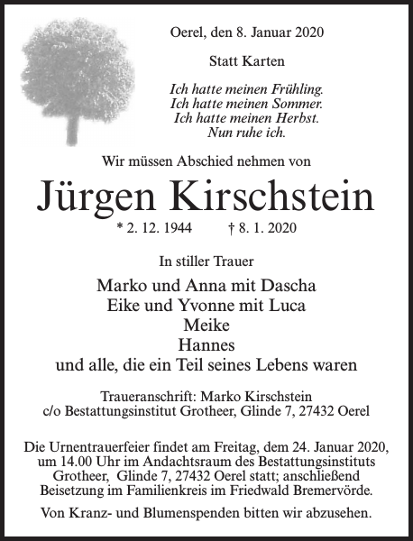 Jürgen Kirschstein: Traueranzeige : Bremervörder Zeitung