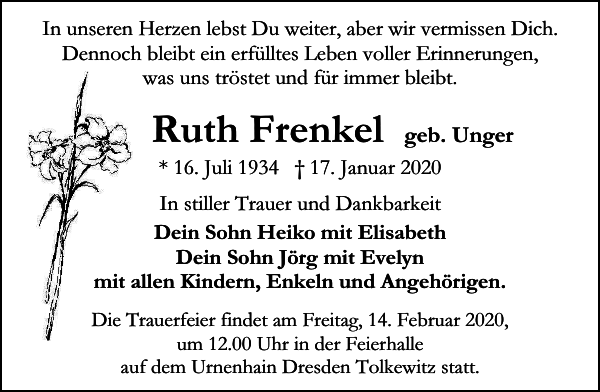 Ruth Frenkel : Traueranzeige : Sächsische Zeitung