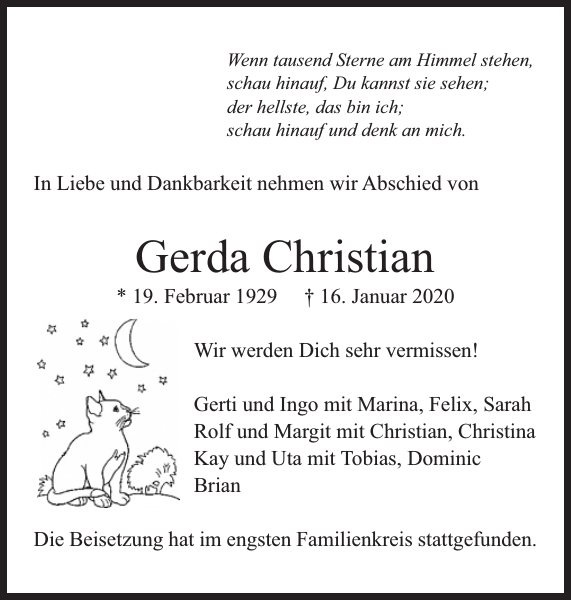 Gerda Christian : Traueranzeige : Uetersener Nachrichten