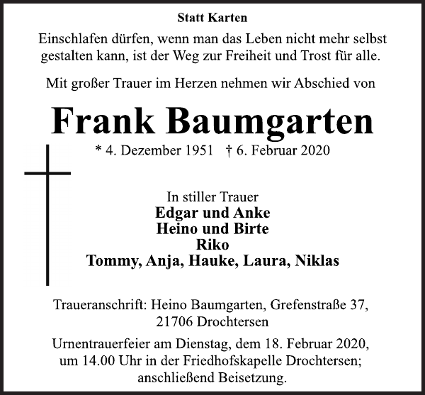 Frank Baumgarten: Traueranzeige : Stader Tageblatt