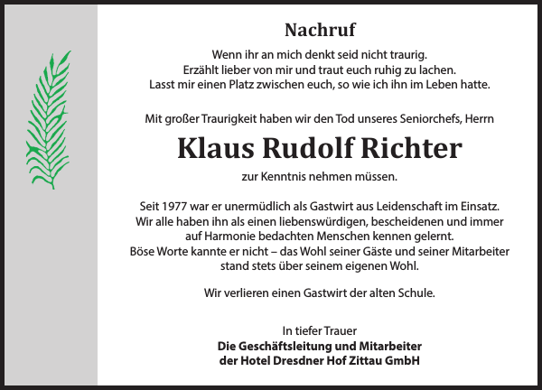 Klaus Rudolf Richter : Traueranzeige : Sächsische Zeitung