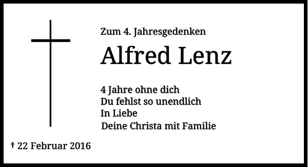 Alfred Lenz: Jahresgedenken : Westdeutsche Zeitung
