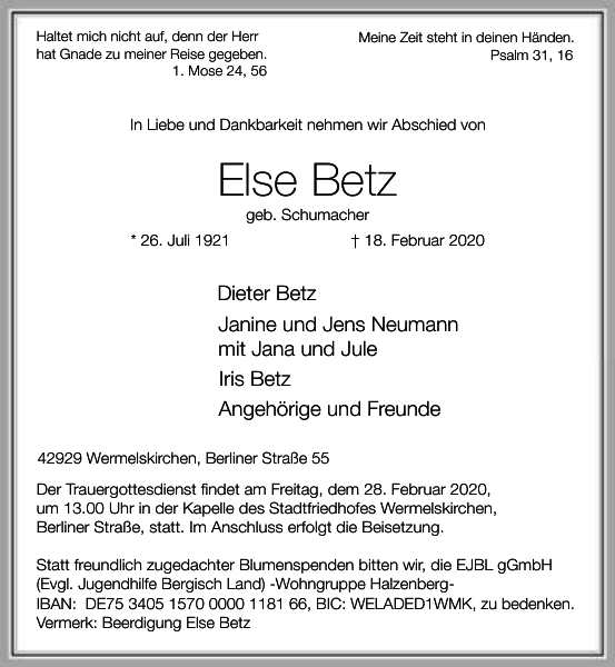 Else Betz: Traueranzeige : Remscheider General-Anzeiger