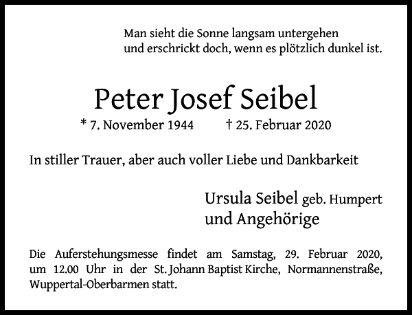Peter Josef Seibel: Traueranzeige : Westdeutsche Zeitung