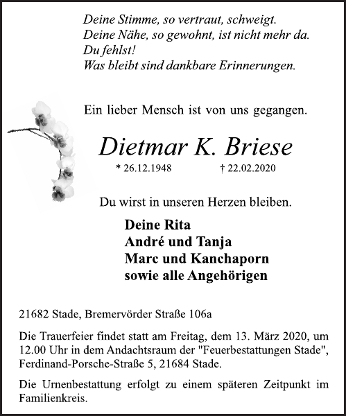 Dietmar K. Briese: Traueranzeige : Stader Tageblatt