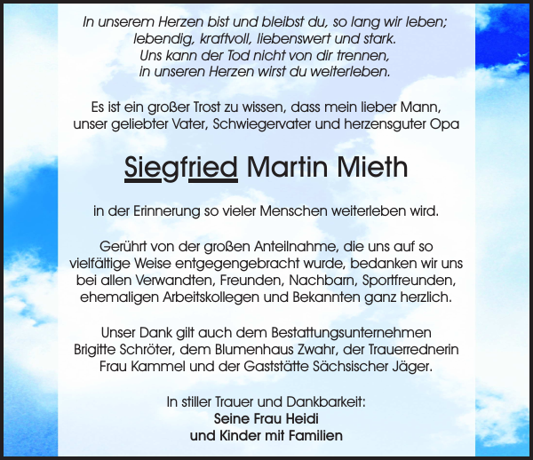 Siegfried Martin Mieth : Danksagung : Sächsische Zeitung