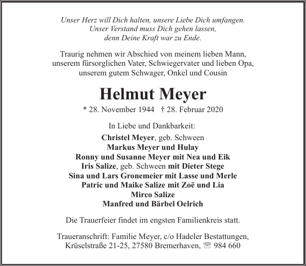 Helmut Meyer: Gedenken : Nordsee-Zeitung