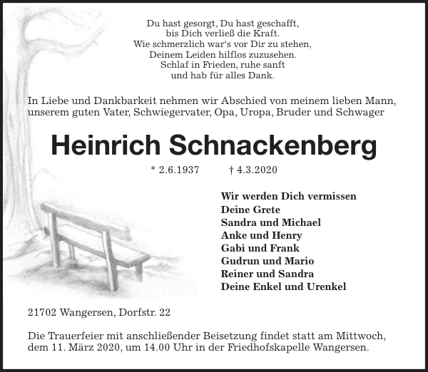 Heinrich Schnackenberg: Traueranzeige : Stader Tageblatt