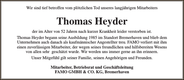 Thomas Heyder: Nachruf : Nordsee-Zeitung