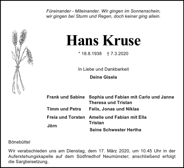Hans Kruse: Traueranzeige : Holsteinischer Courier