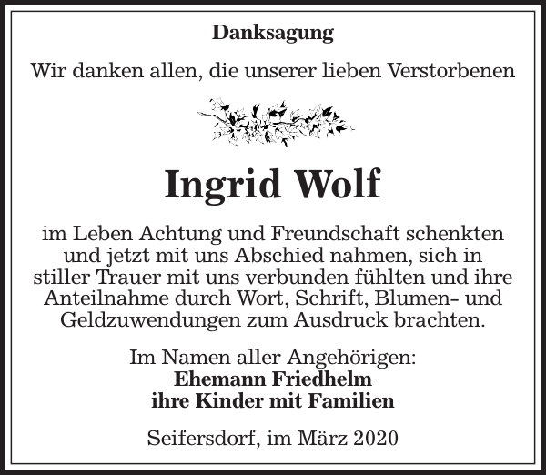 Ingrid Wolf : Danksagung : Sächsische Zeitung
