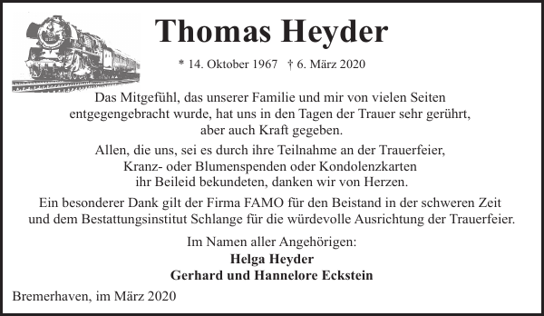 Thomas Heyder: Danksagung : Nordsee-Zeitung