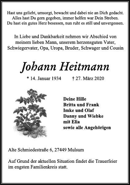 Johann Heitmann: Traueranzeige : Stader Tageblatt