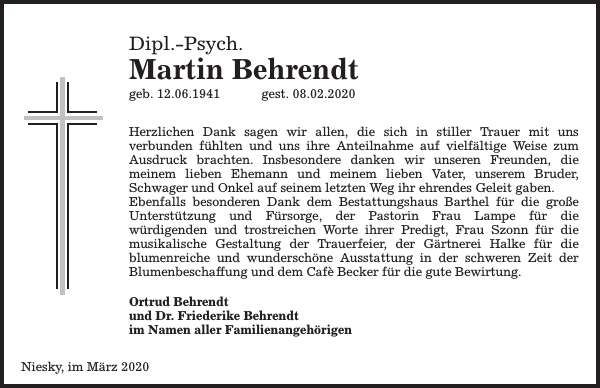 Martin Behrendt : Danksagung : Sächsische Zeitung
