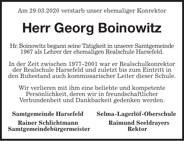 Herr Georg Boinowitz : Nachruf : Stader Tageblatt