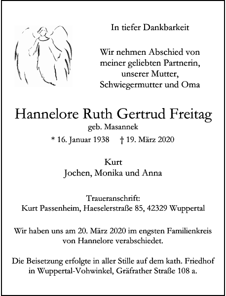 Hannelore Ruth Gertrud Freitag: Traueranzeige : Westdeutsche Zeitung