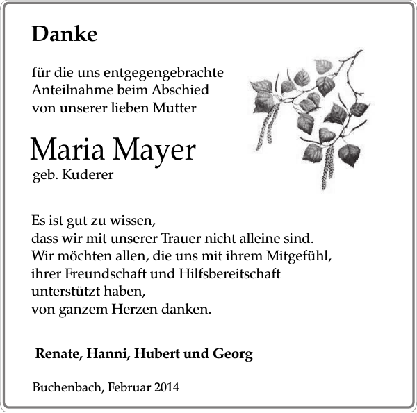 Maria Mayer: Traueranzeige : Badische Zeitung