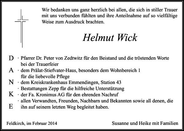 Helmut Wick: Traueranzeige : Badische Zeitung