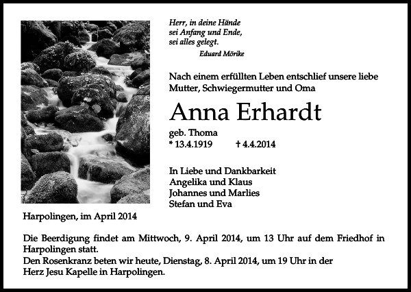 Anna Erhardt: Traueranzeige : Badische Zeitung