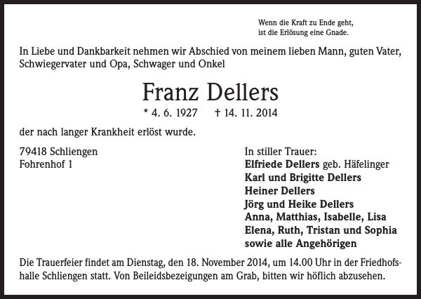 Franz Dellers: Traueranzeige : Badische Zeitung