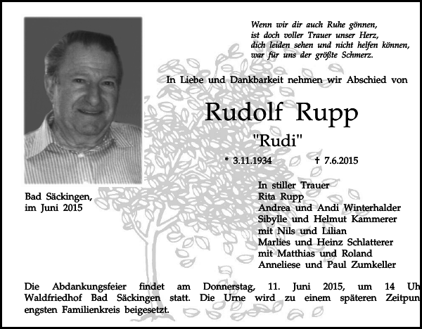 Rudolf Rupp: Traueranzeige : Badische Zeitung