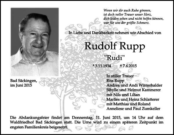 Rudolf Rupp: Traueranzeige : Badische Zeitung