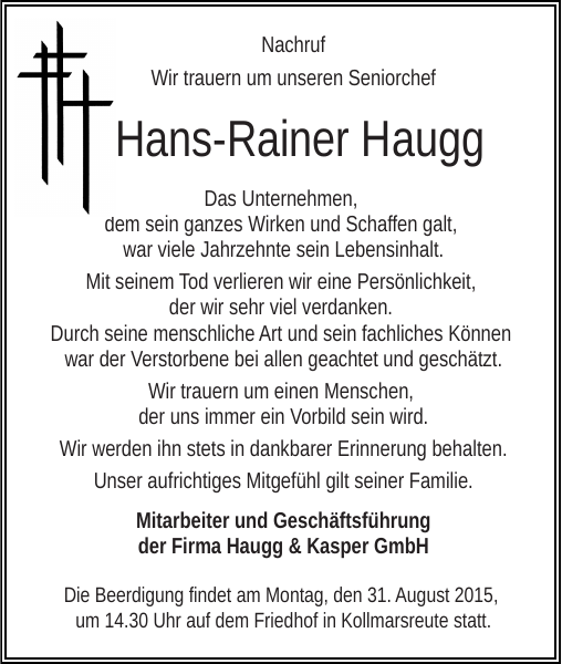 Hans-Rainer Haugg: Traueranzeige : Badische Zeitung