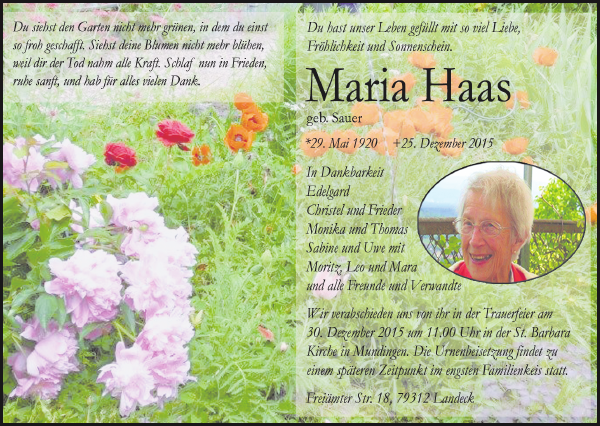 Maria Haas: Traueranzeige : Badische Zeitung
