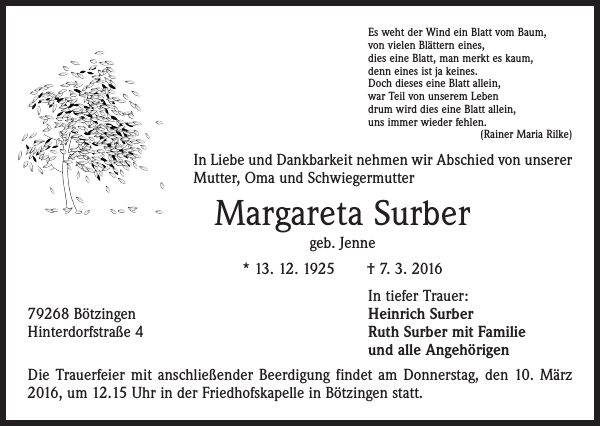 Margareta Surber: Traueranzeige : Badische Zeitung
