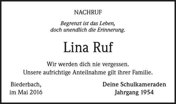 Lina Barbara Ruf: Traueranzeige : Badische Zeitung