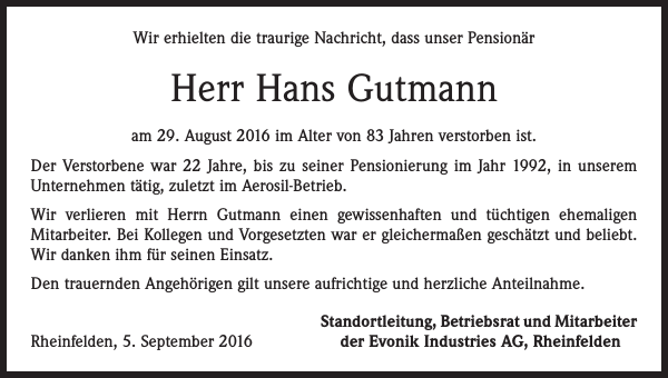 Hans Gutmann: Nachruf : Badische Zeitung